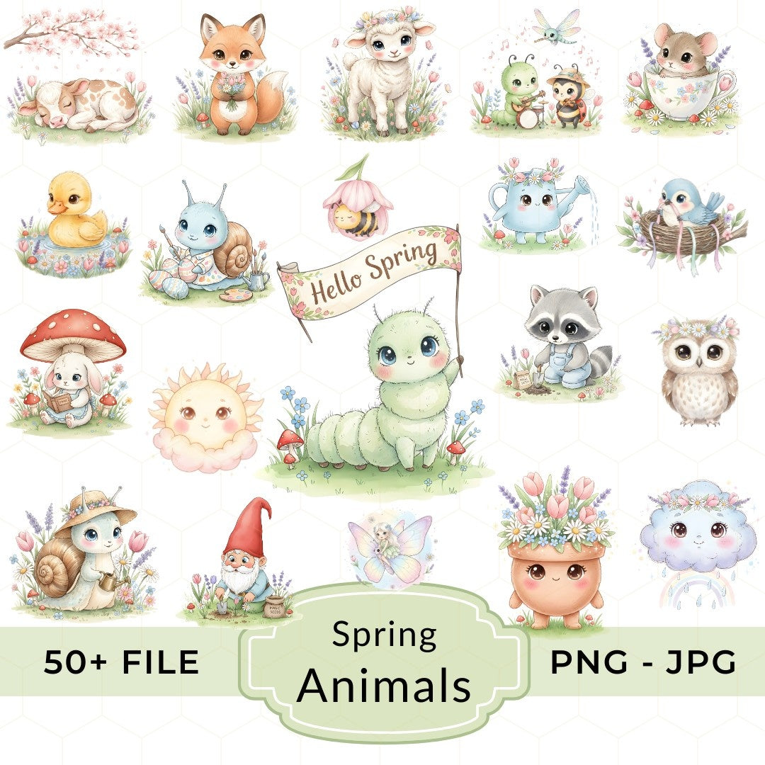 50+ Spring Animals Clipart Bundle, Cute Watercolor Baby Animals PNG JP ...