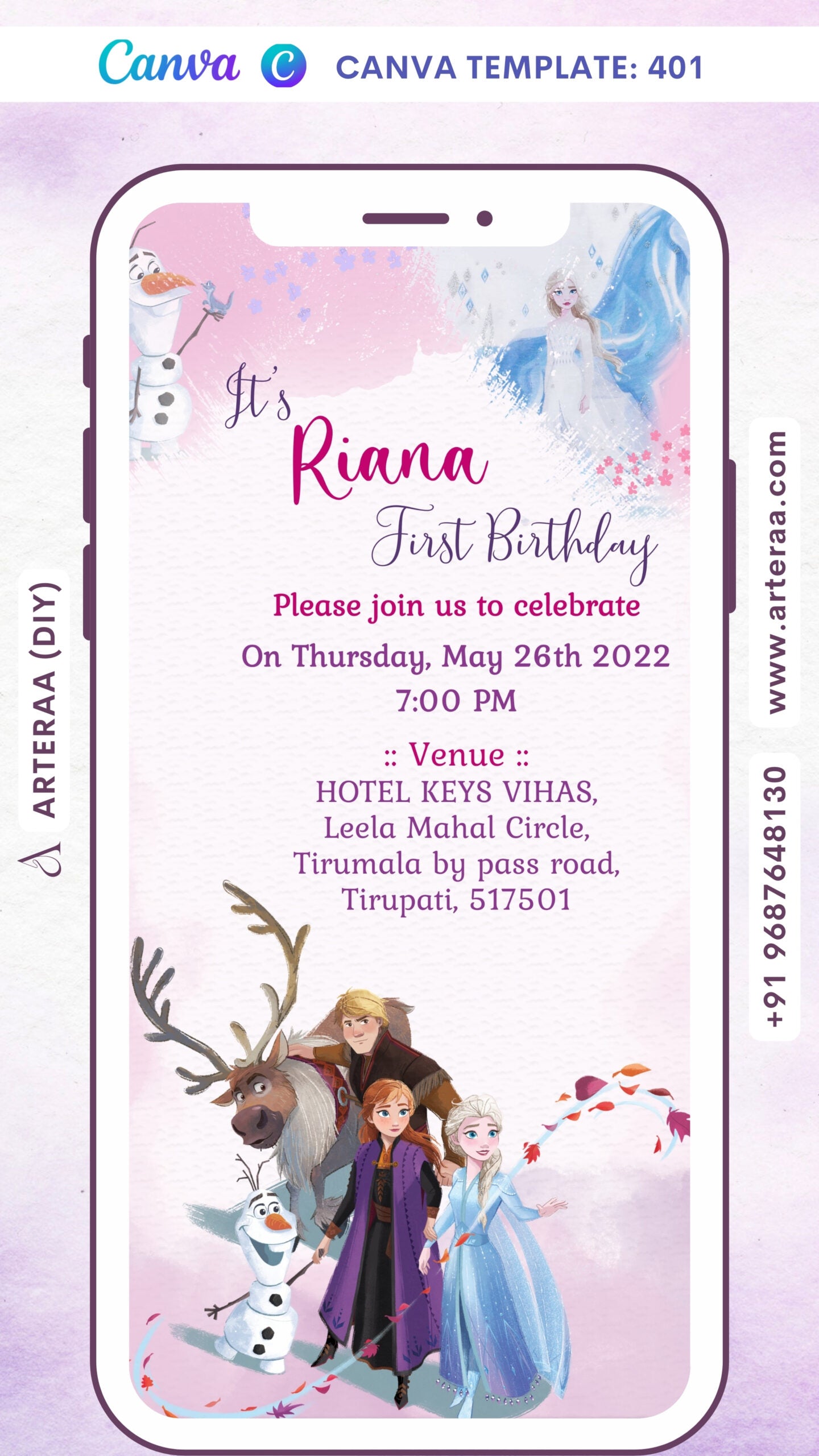 Birthday party invitation card Canva Editable Template for girl in eng ...