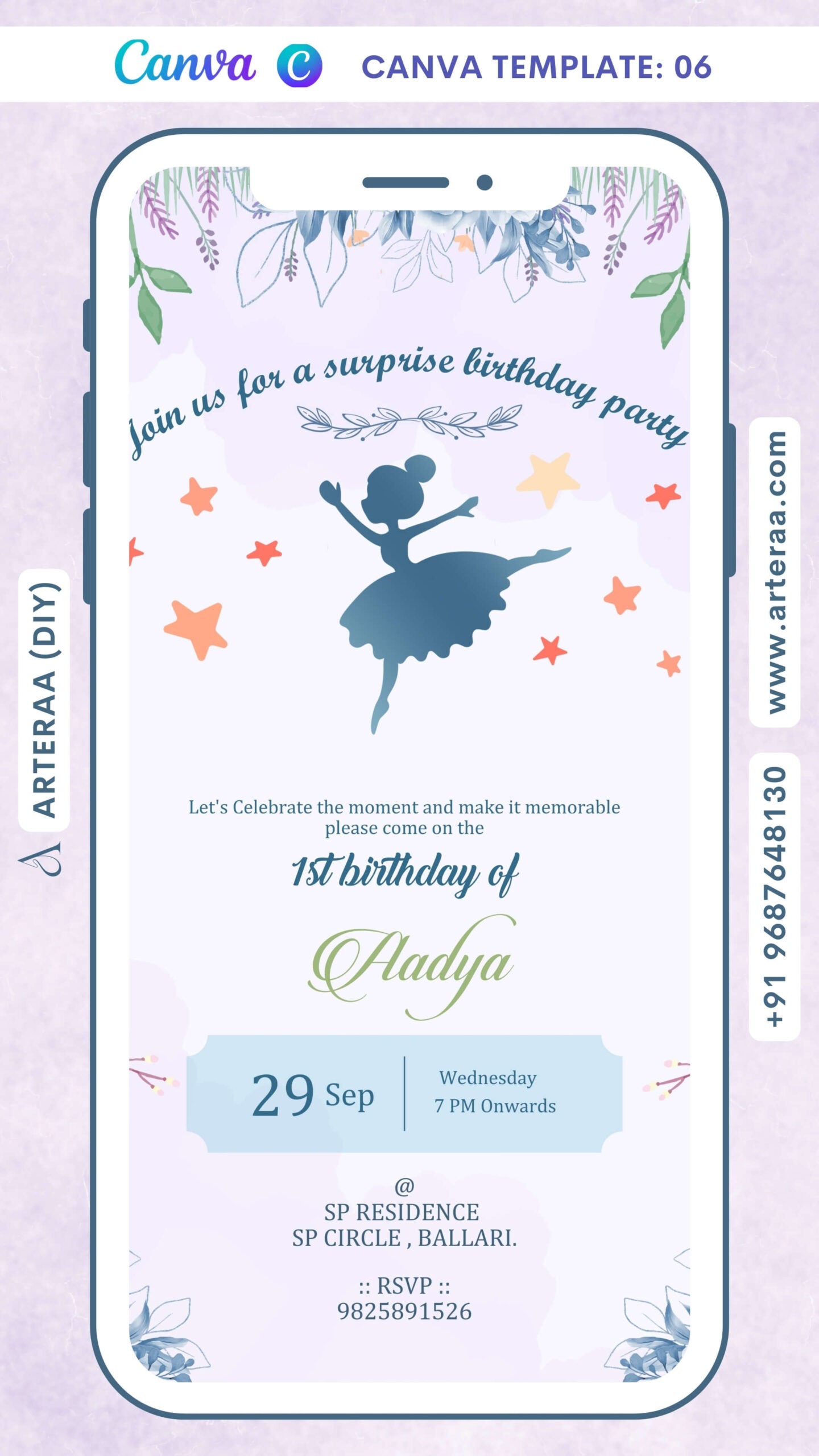 Birthday party invitation card Canva Editable Template for girl in Eng ...