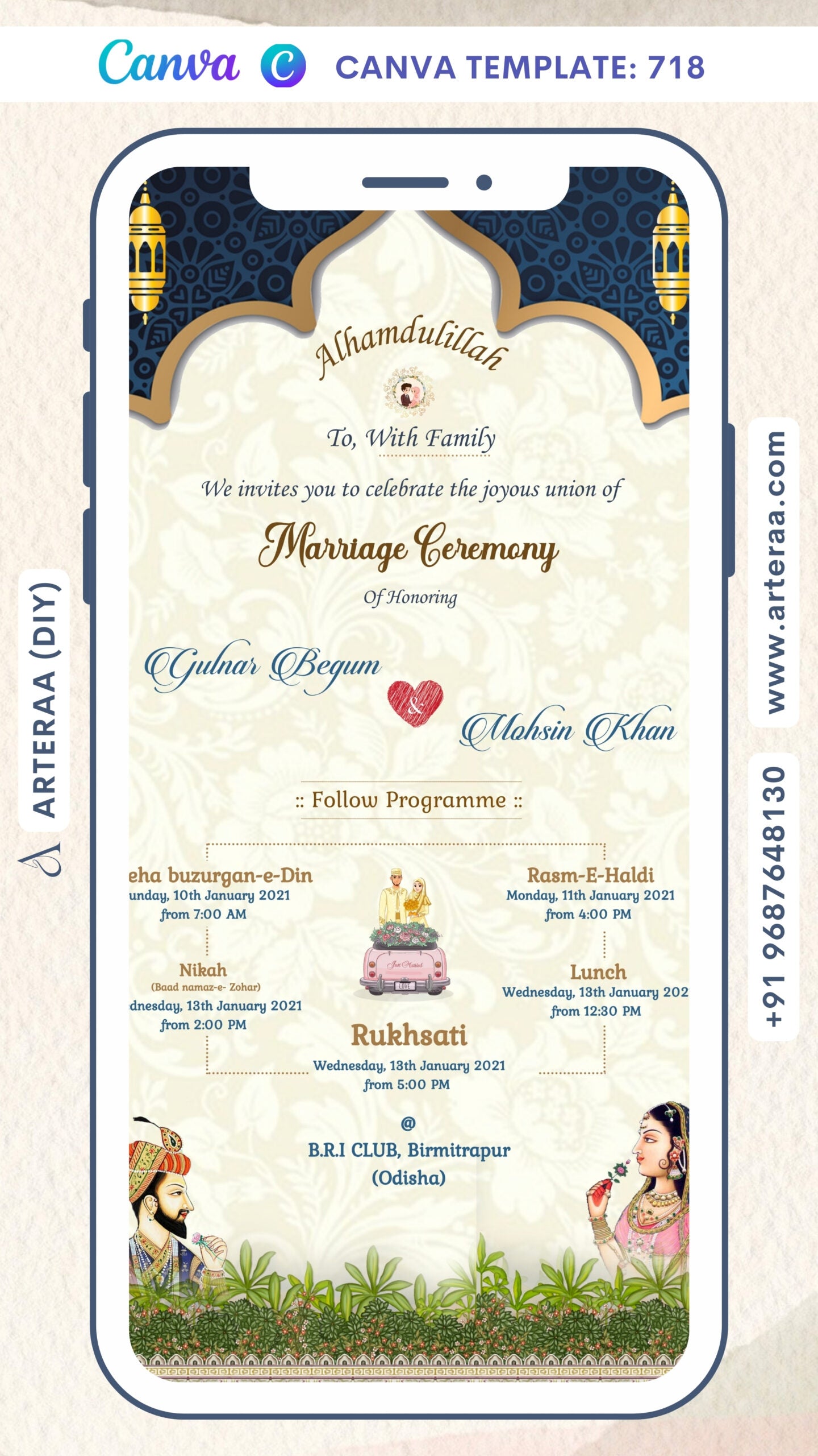 Nikah ceremony invitation card Canva Editable Template of Muslim famil ...