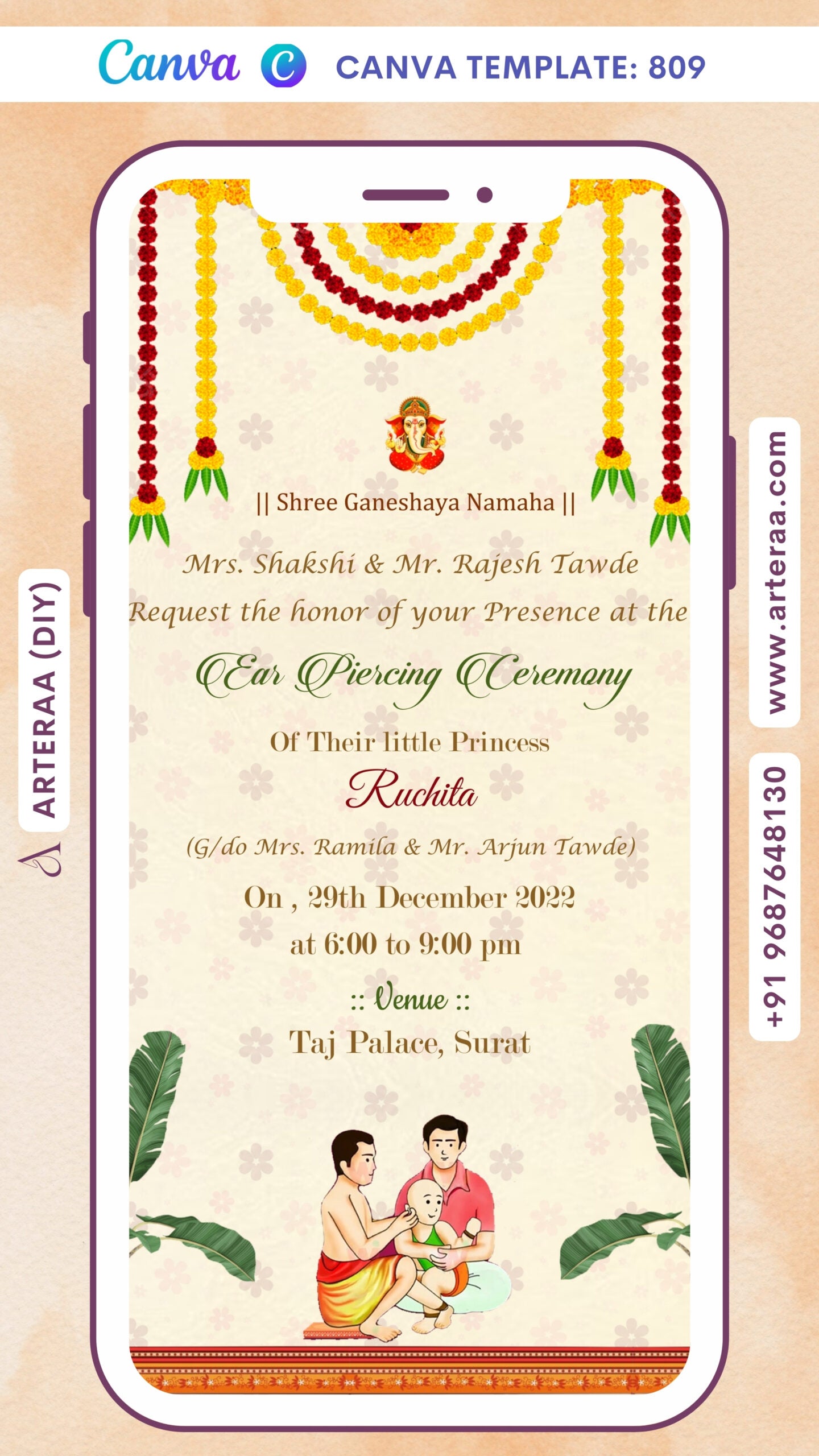 Ear Piercing ceremony invitation card Canva Editable Template in engli ...