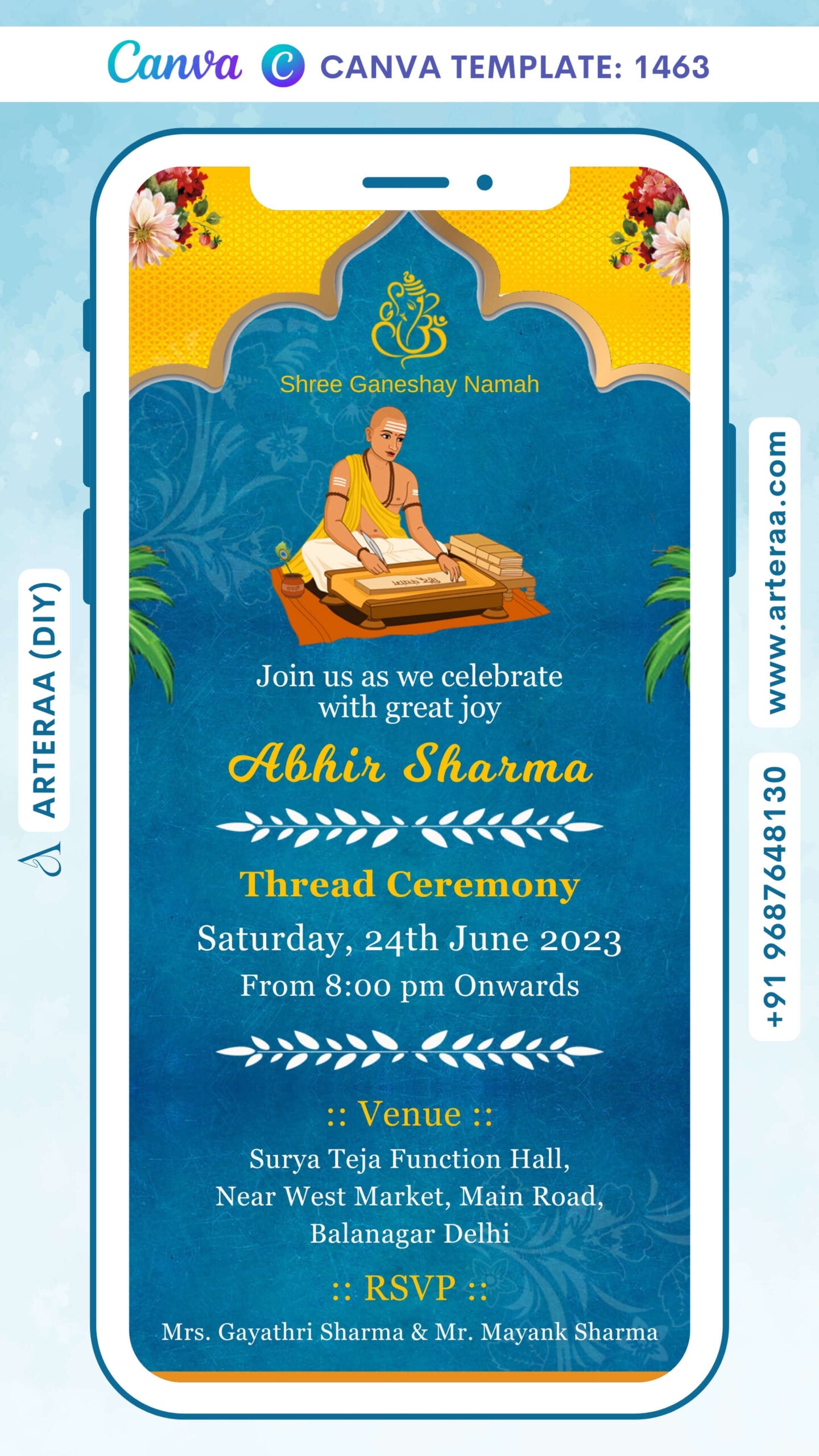 Thread ceremony invitation card Canva Editable Template in english lan ...