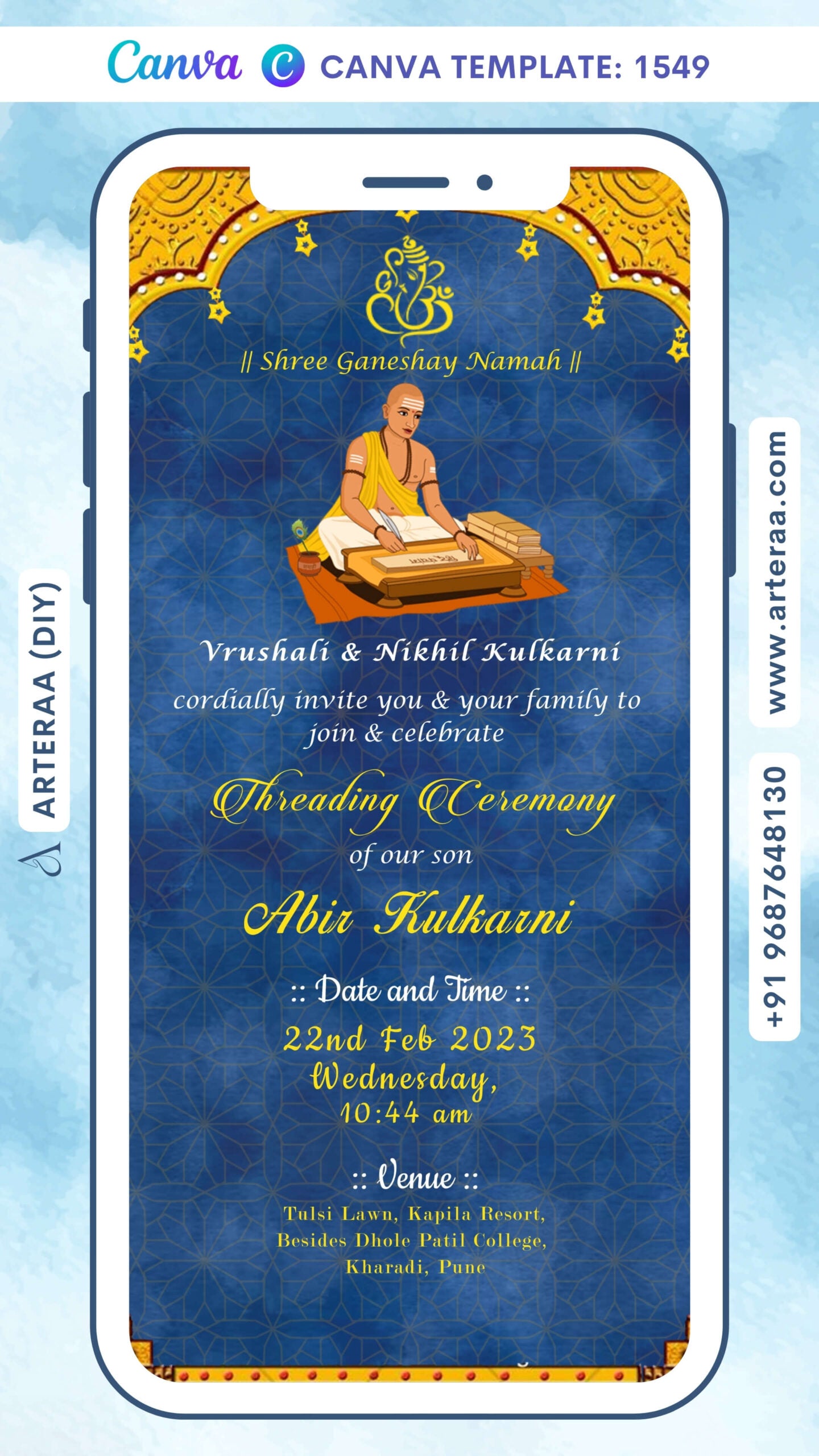 Thread ceremony invitation card Canva Editable Template in english lan ...