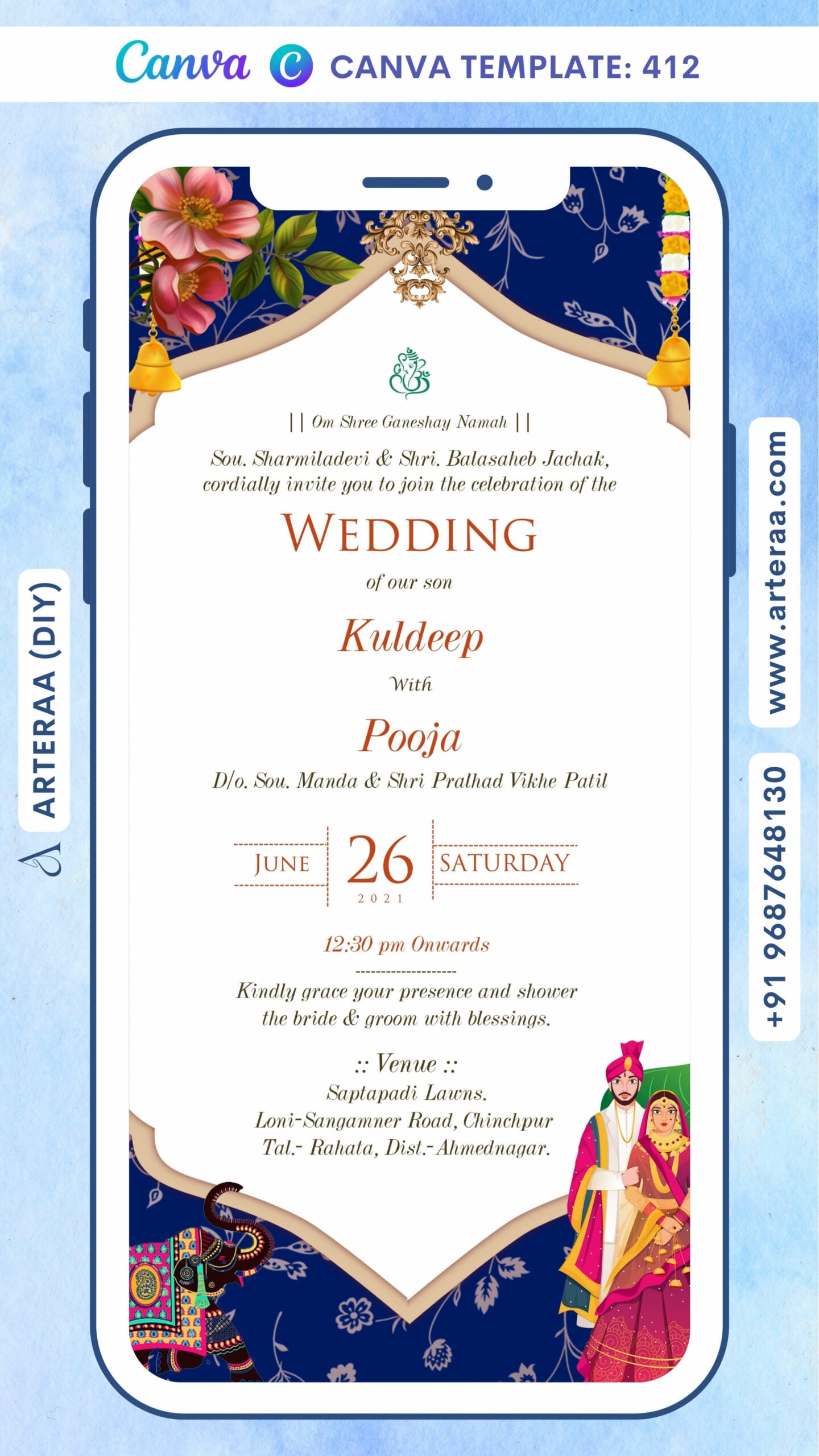Wedding ceremony invitation card Canva Editable Template of hindu maha ...