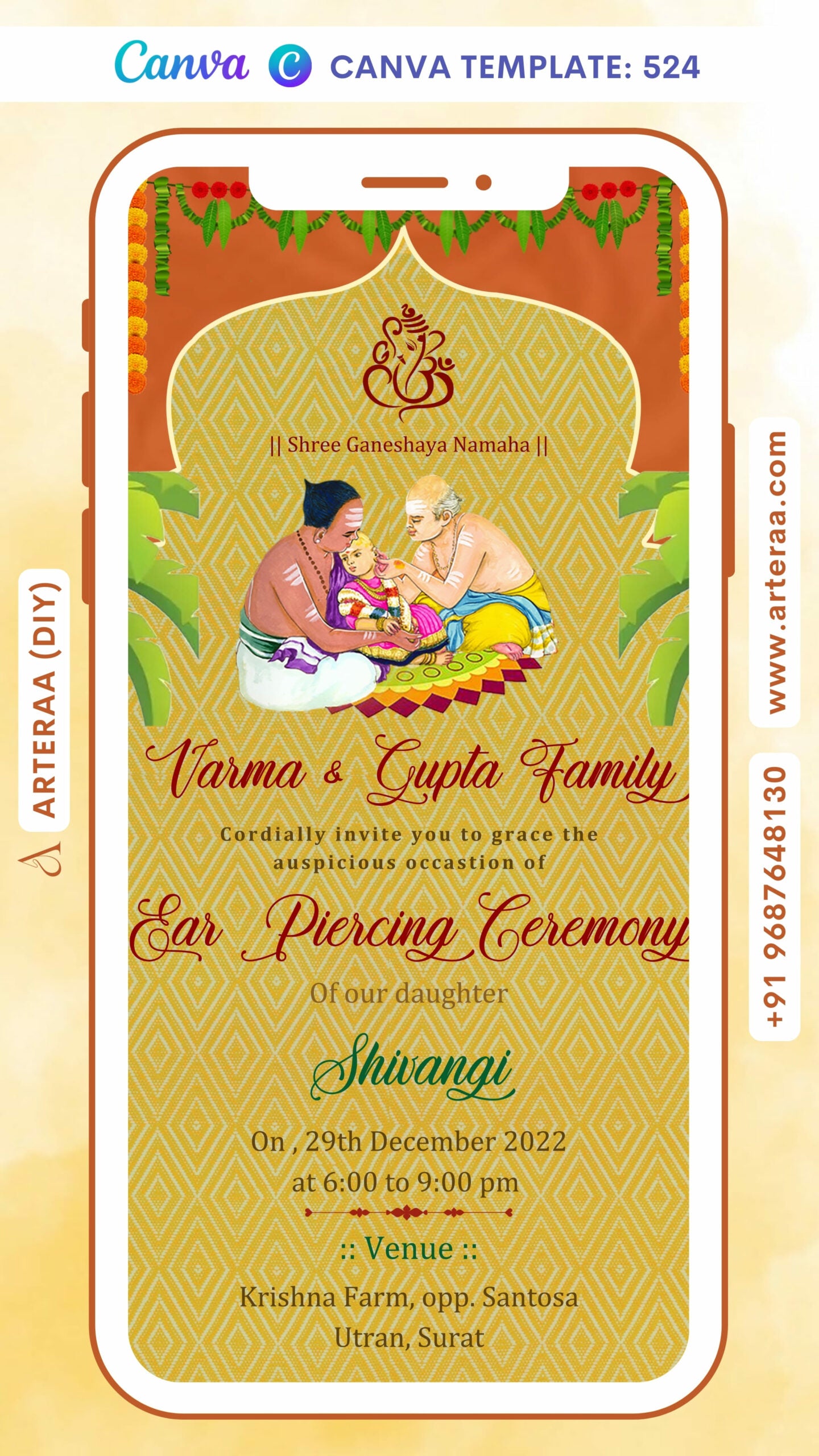 Ear Piercing ceremony invitation card Canva Editable Template in engli ...
