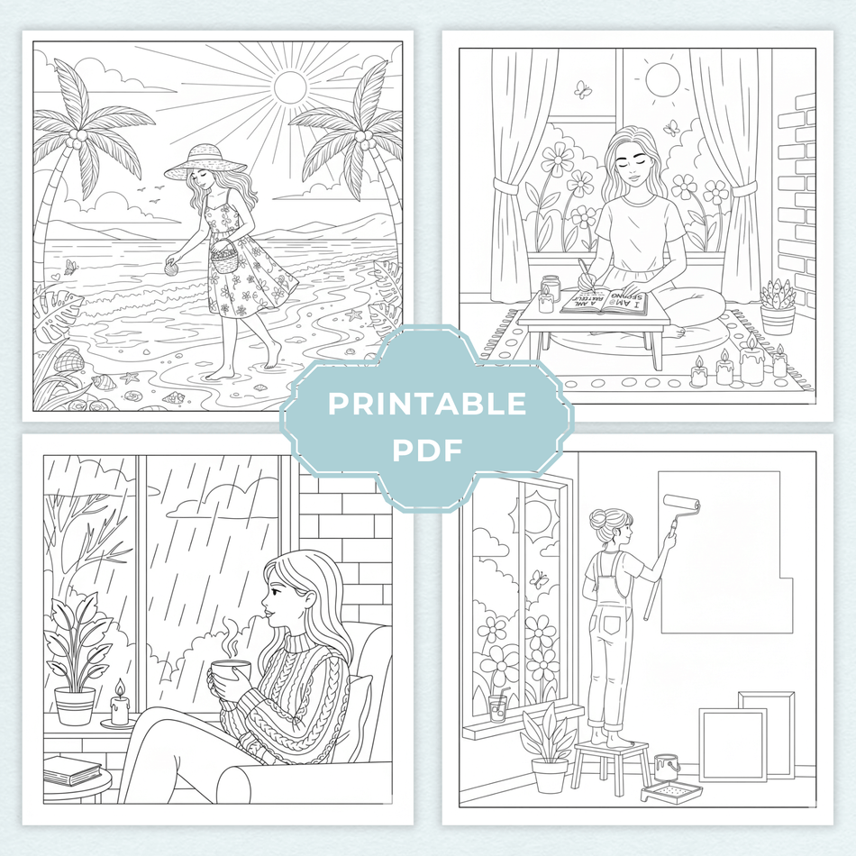 50+ Cozy Girl Coloring Book Printable, Relaxing Coloring Pages PDF, Cu ...